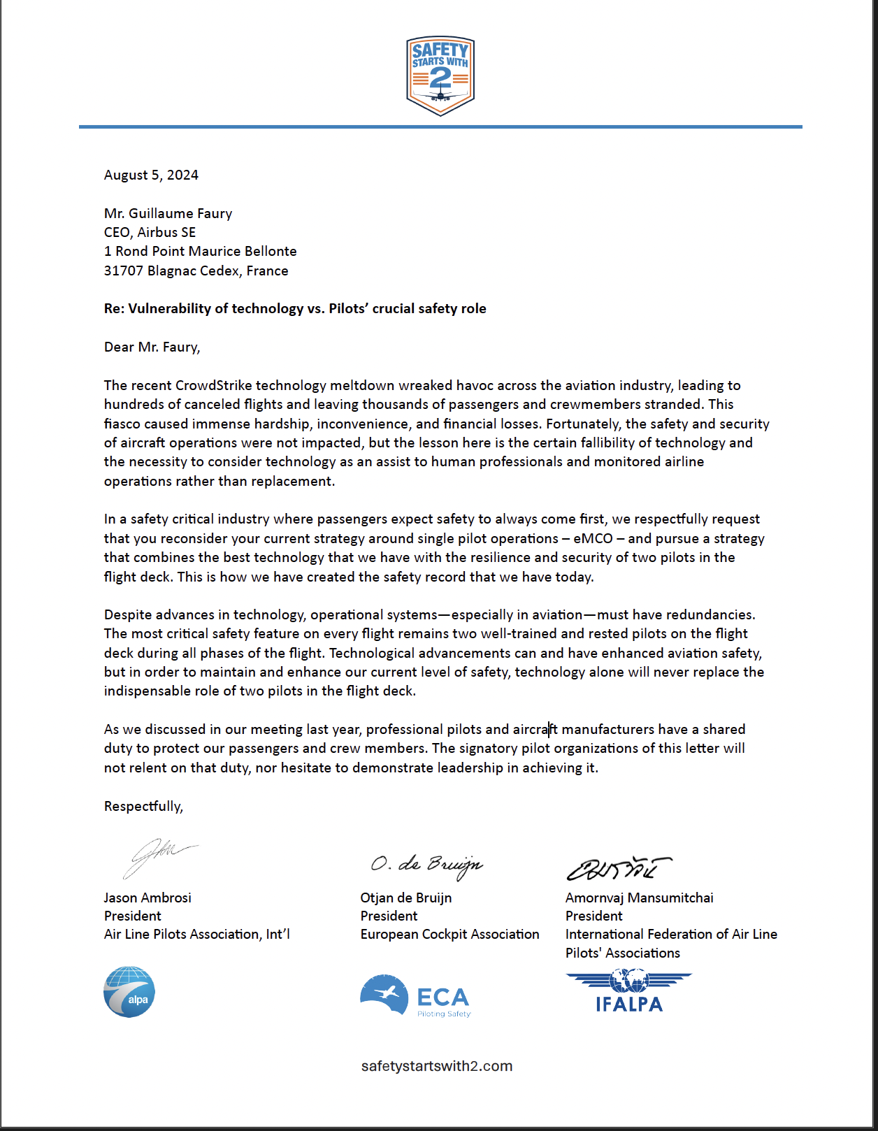 Letter to Airbus CEO - One Means None